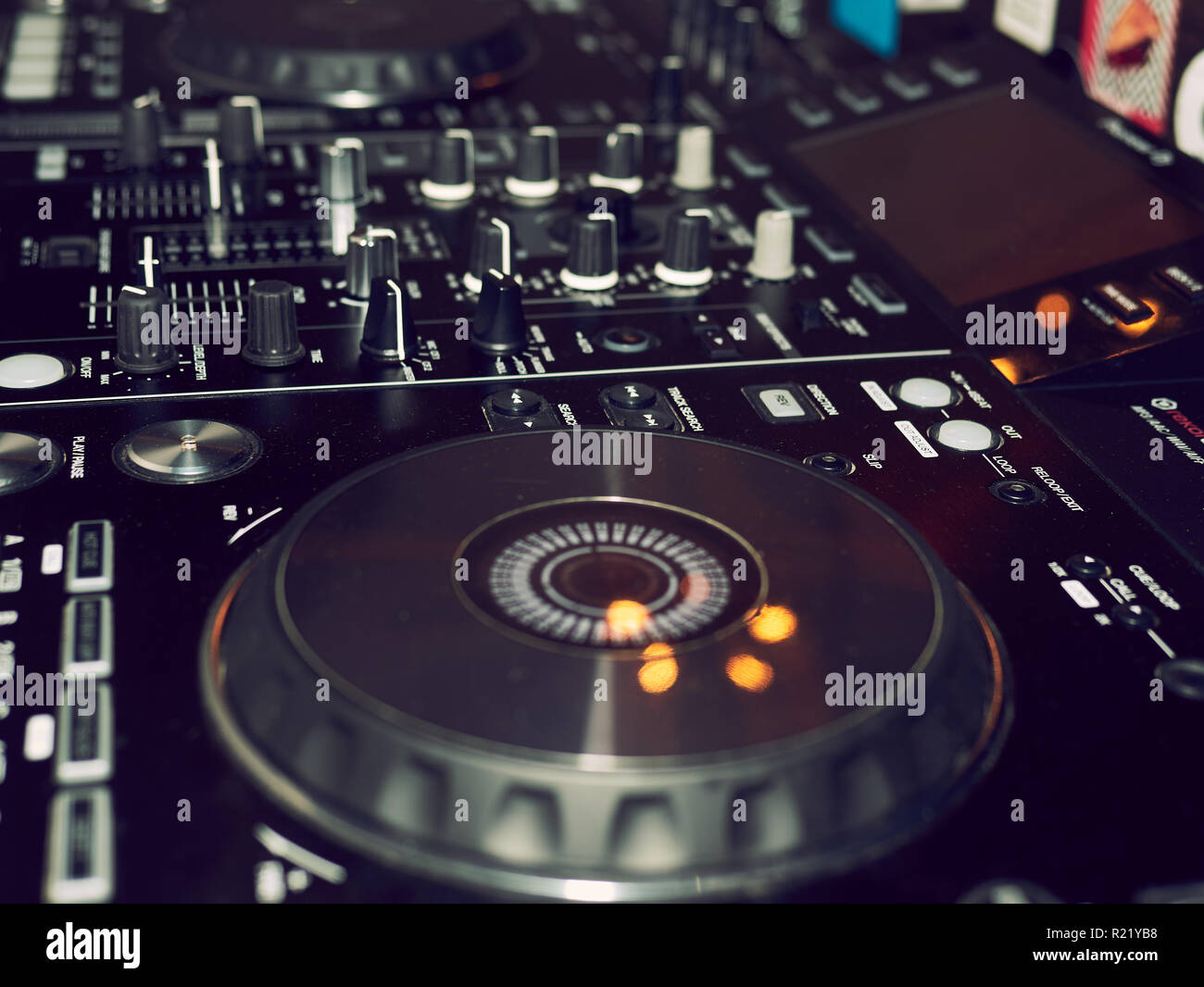 Sound mixing console detail, close up. DJ professional music console ...