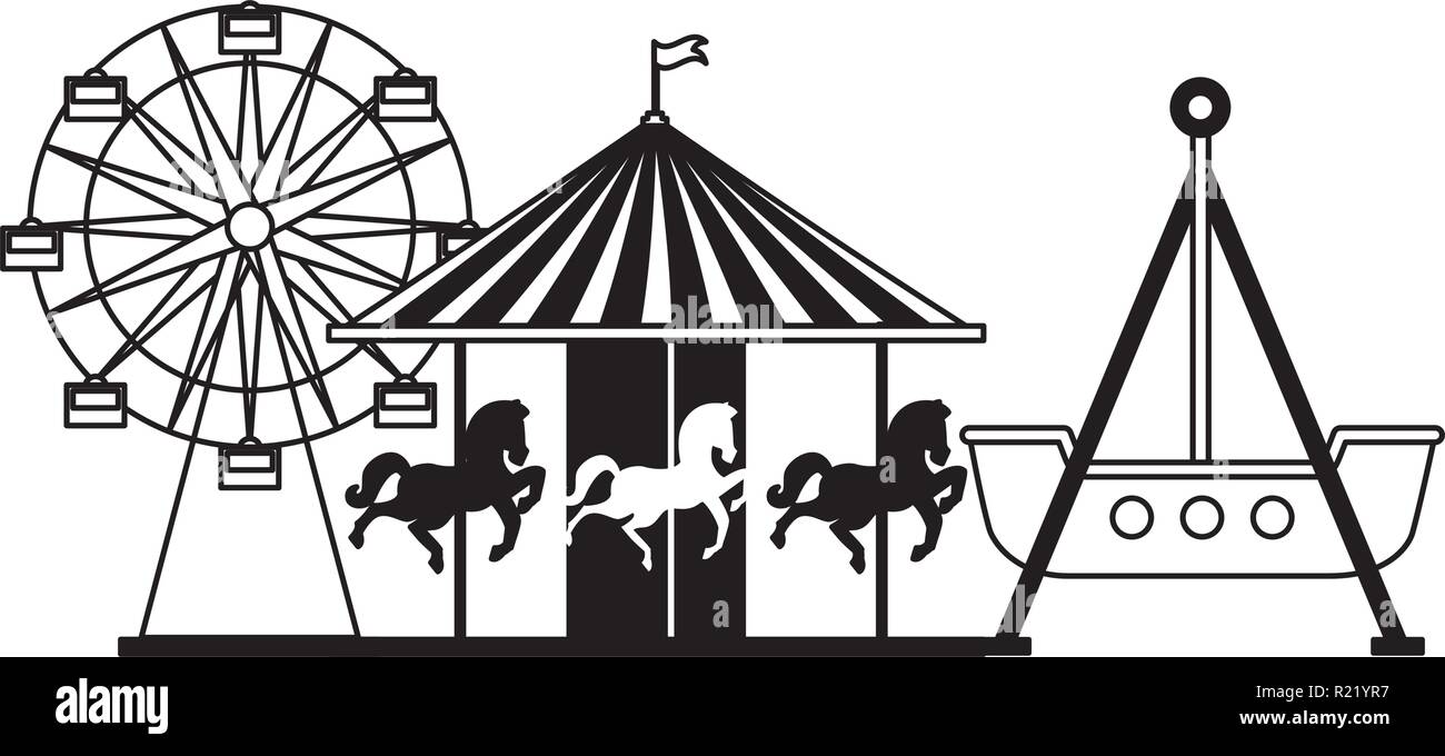 ferris wheel carousel and pirate boat fun fair carnival vector ...