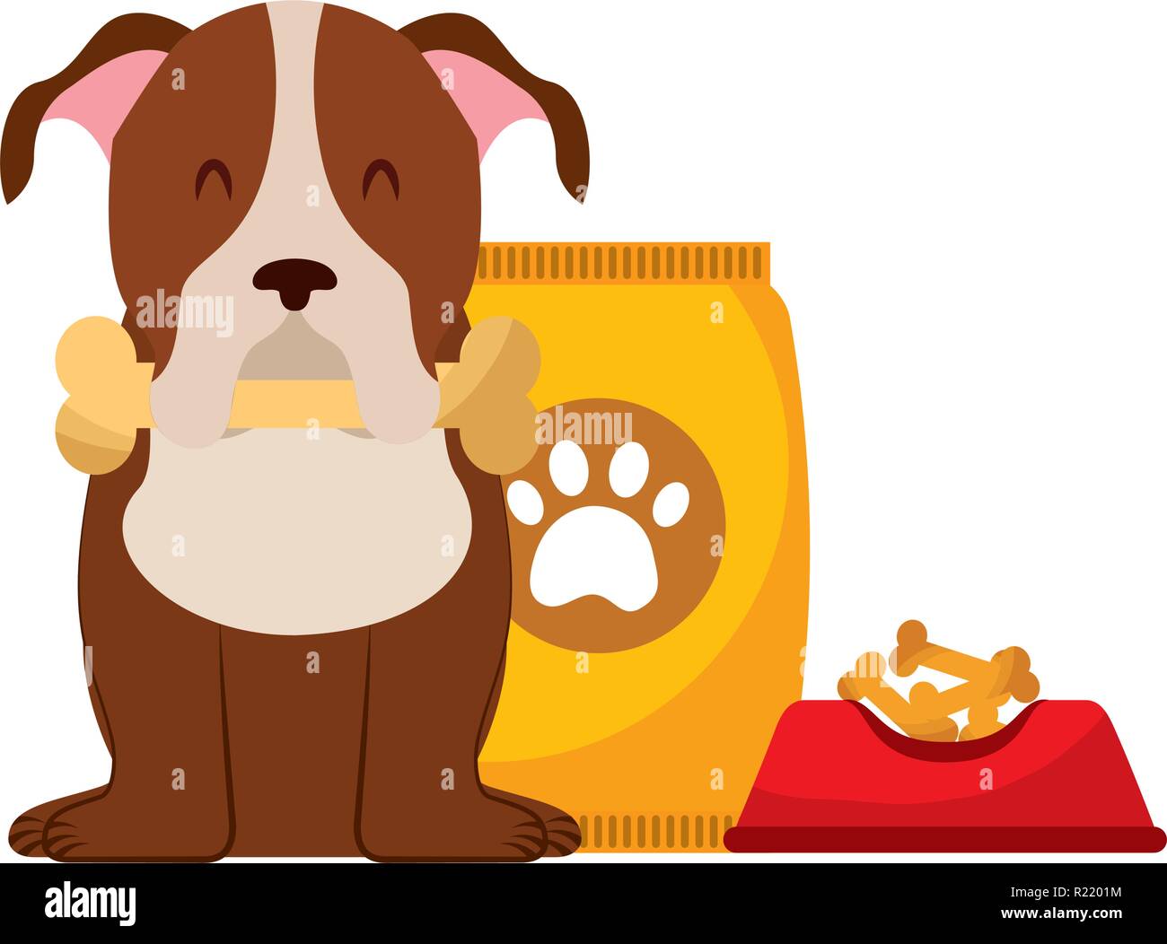 domestic dog with bone food bowl and package vector illustration Stock ...