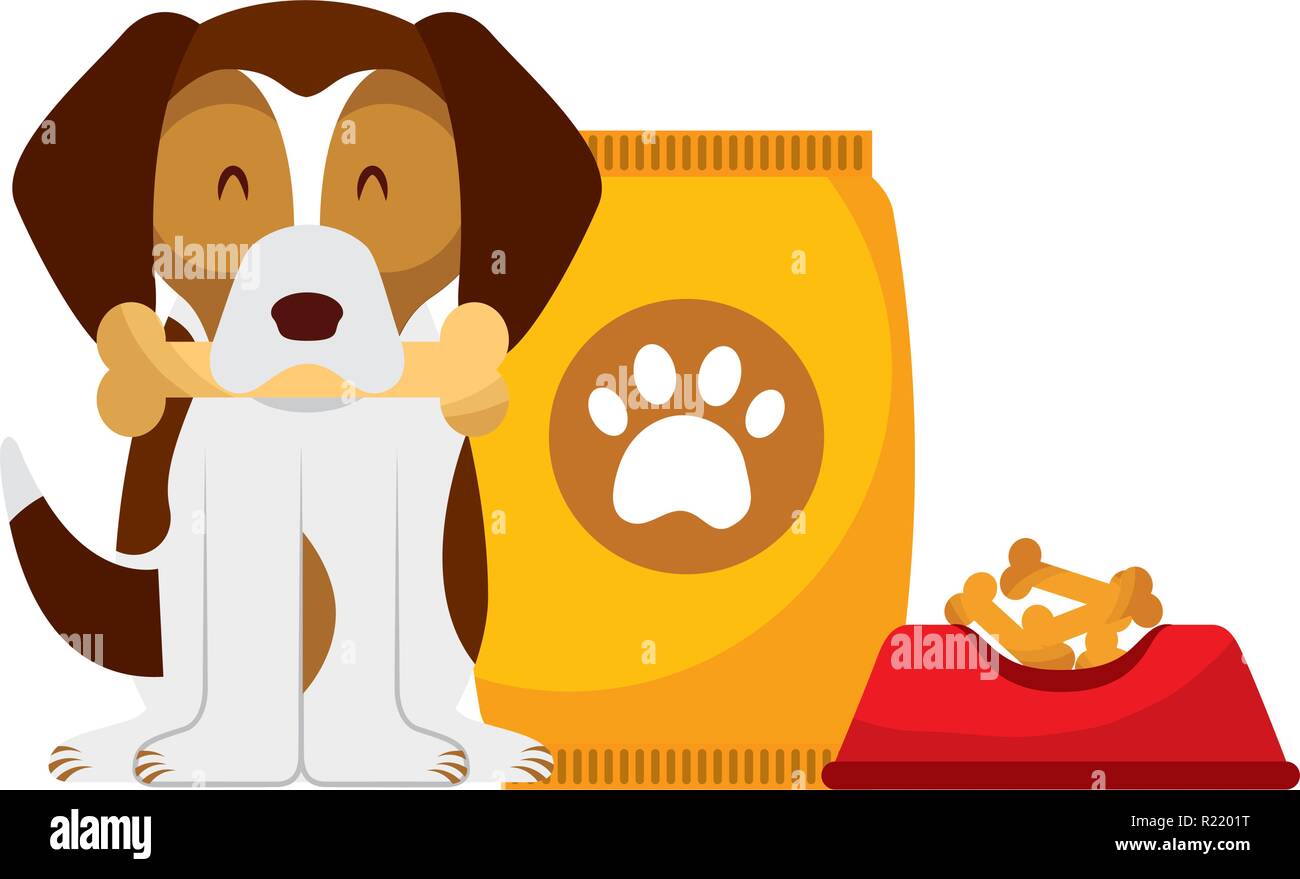 domestic dog with bone food bowl and package vector illustration Stock ...