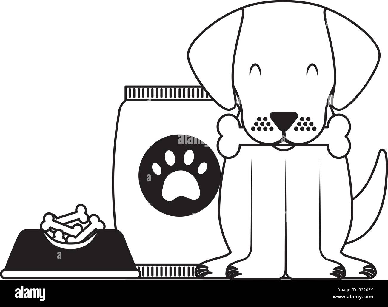 domestic dog with bone food bowl and package vector illustration Stock ...