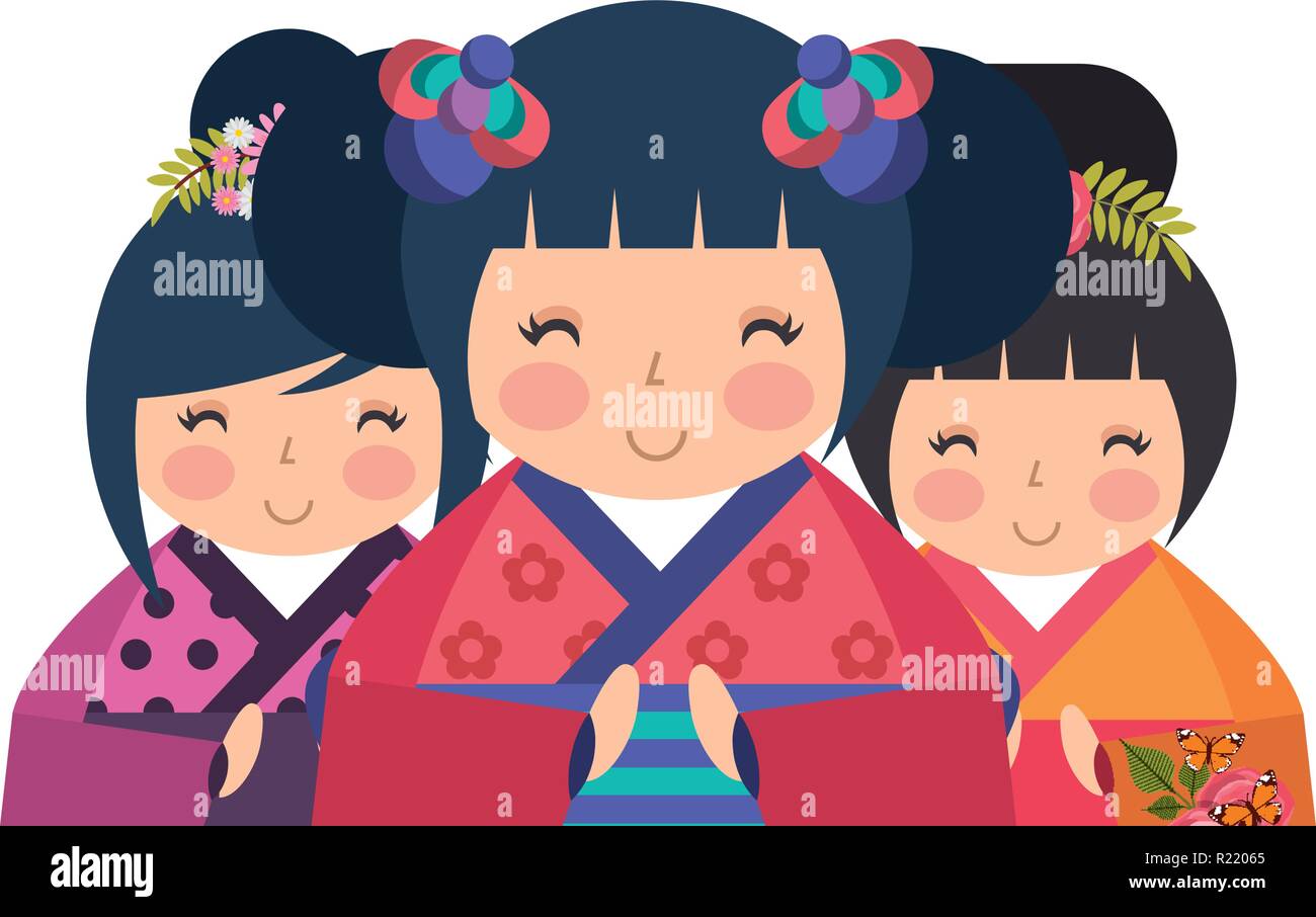cute kokeshi dolls kimono traditional vector illustration Stock Vector ...