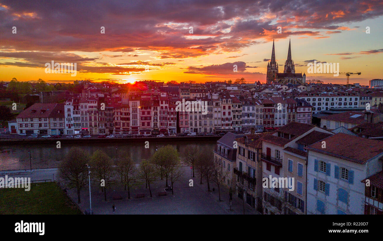 Aerial panorama of sunset over Bayonne France in Basque Country with a ...