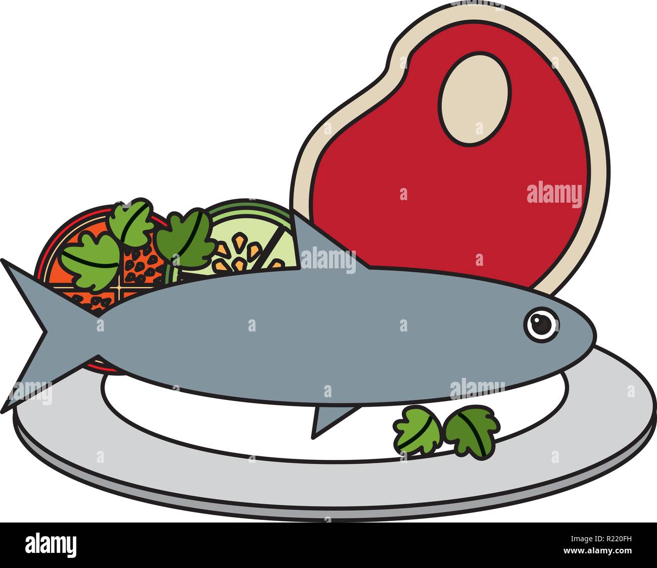 fish meat and tomato food healthy in dish vector illustration Stock ...