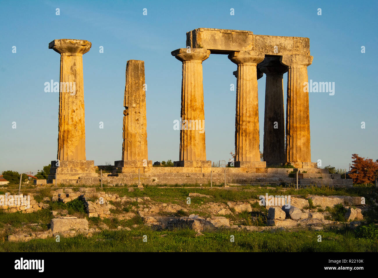 The ruins of a temple in old Corinth dedicated to Apollo Stock Photo ...