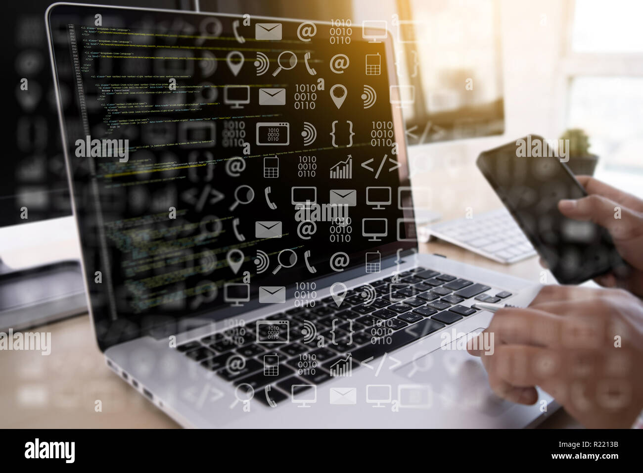 man work Coding software developer programmer is coding on a desktop ...