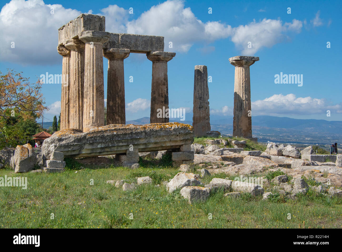 The ruins of a temple in old Corinth dedicated to Apollo Stock Photo ...