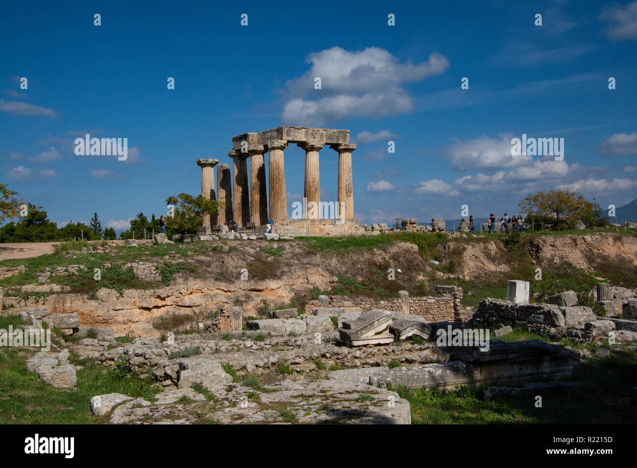 The ruins of a temple in old Corinth dedicated to Apollo Stock Photo ...