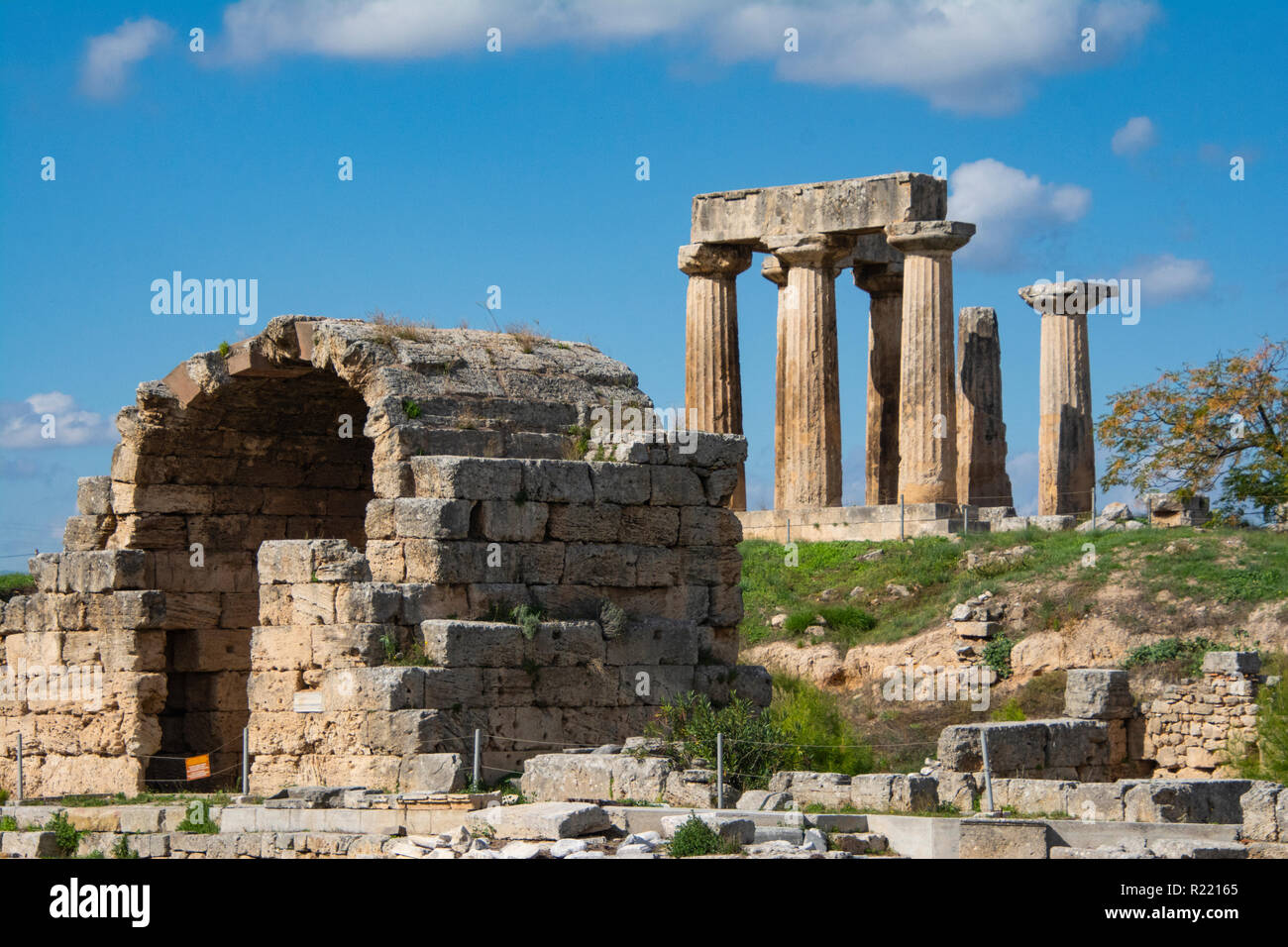The ruins of a temple in old Corinth dedicated to Apollo Stock Photo ...