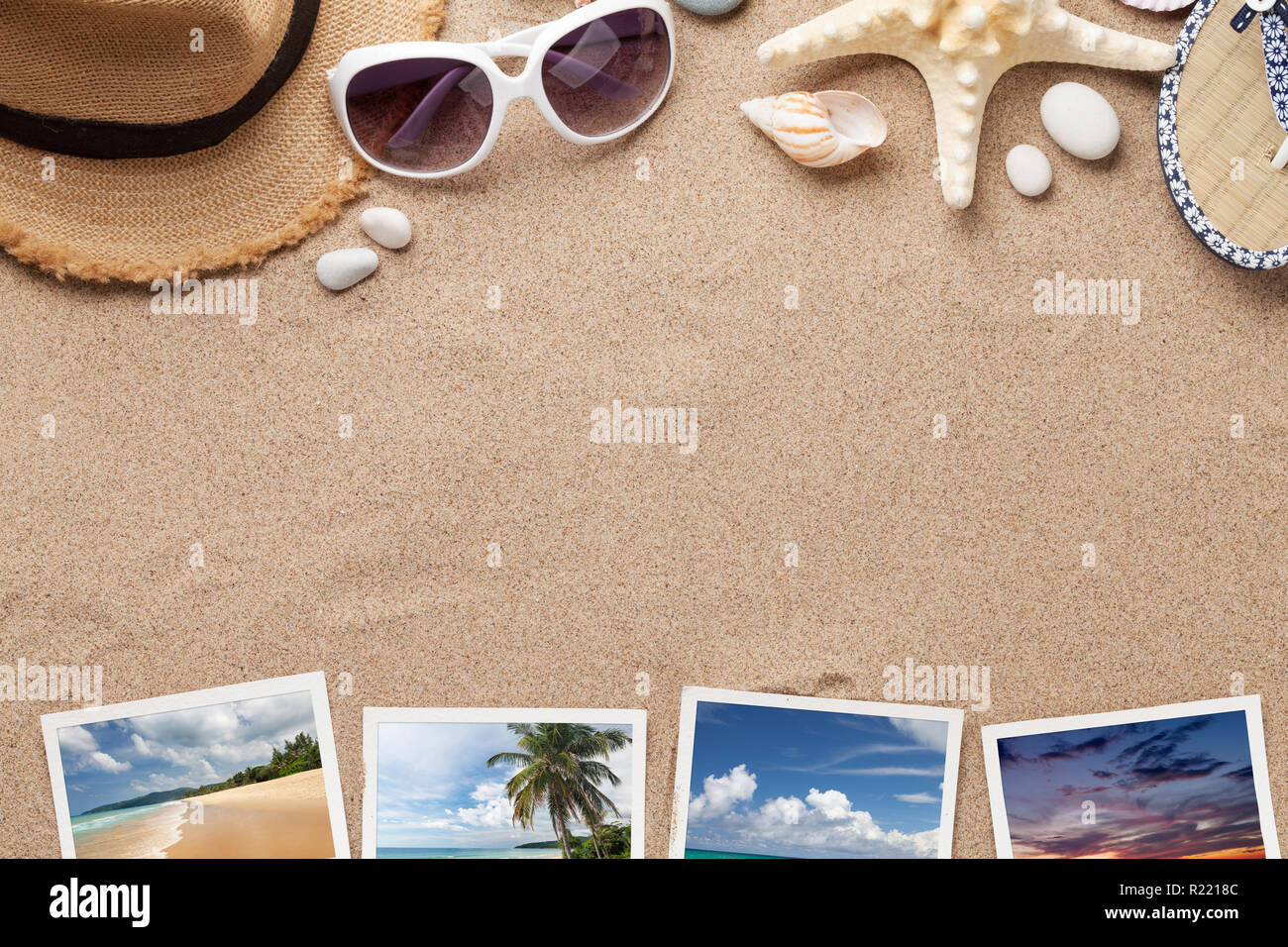 Travel vacation background concept with sunglasses, beach hat ...