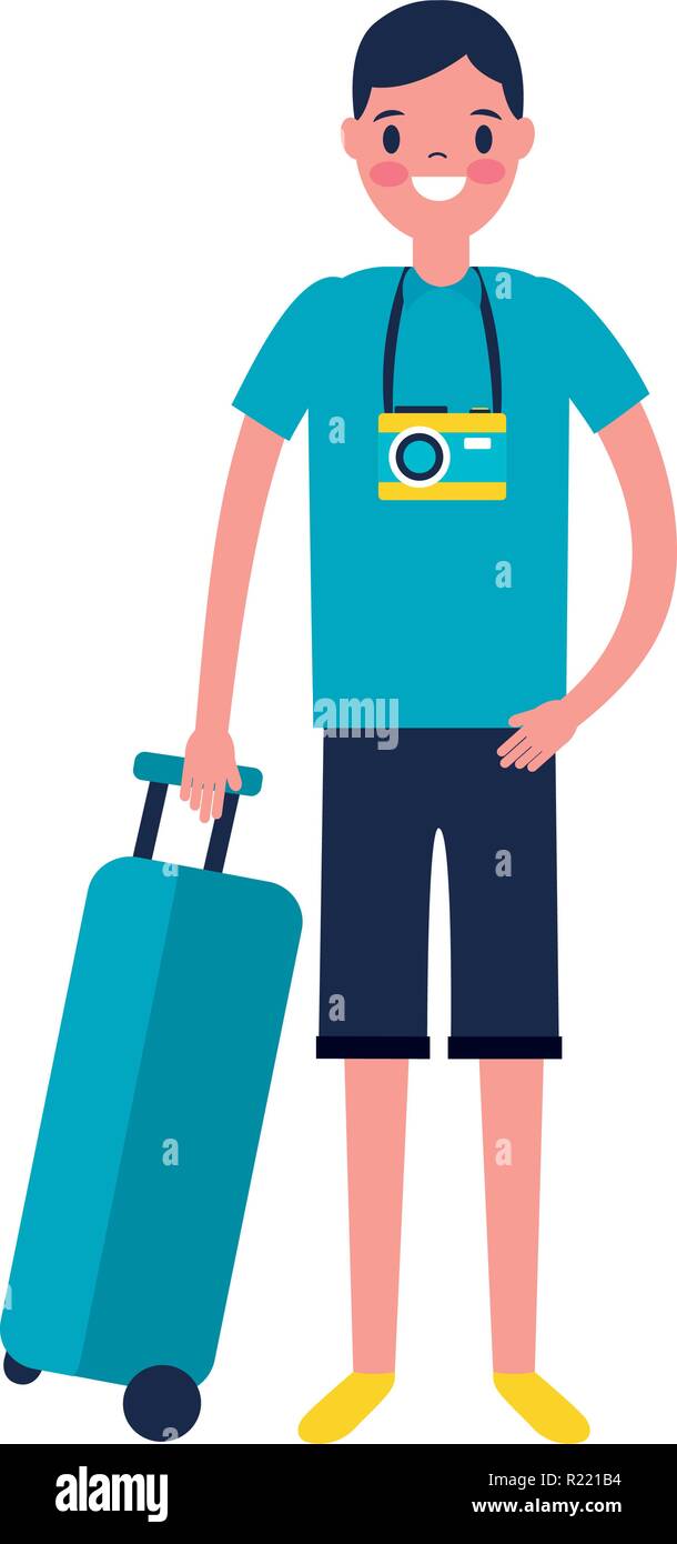 tourist man with travel suitcase vacations vector illustration Stock ...
