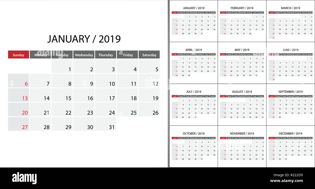 Calendar 2019 week start on Sunday. Template for planner design Stock ...