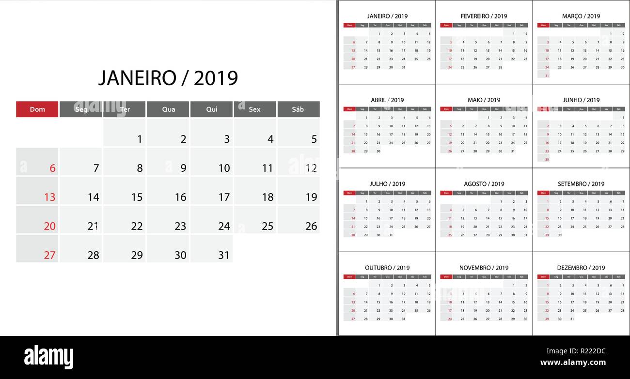 Calendar 2019 on Portuguese language week start on Sunday. Template for ...