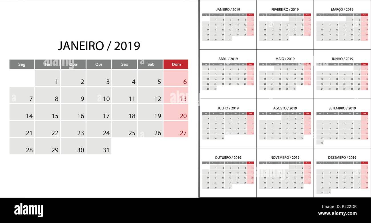 Calendar 2019 week start on Monday on portuguese language. Template for ...