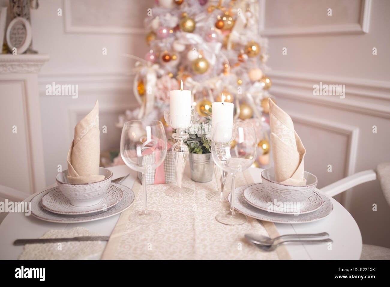 Festive Christmas table for two persons. Winter holidays - Christmas ...