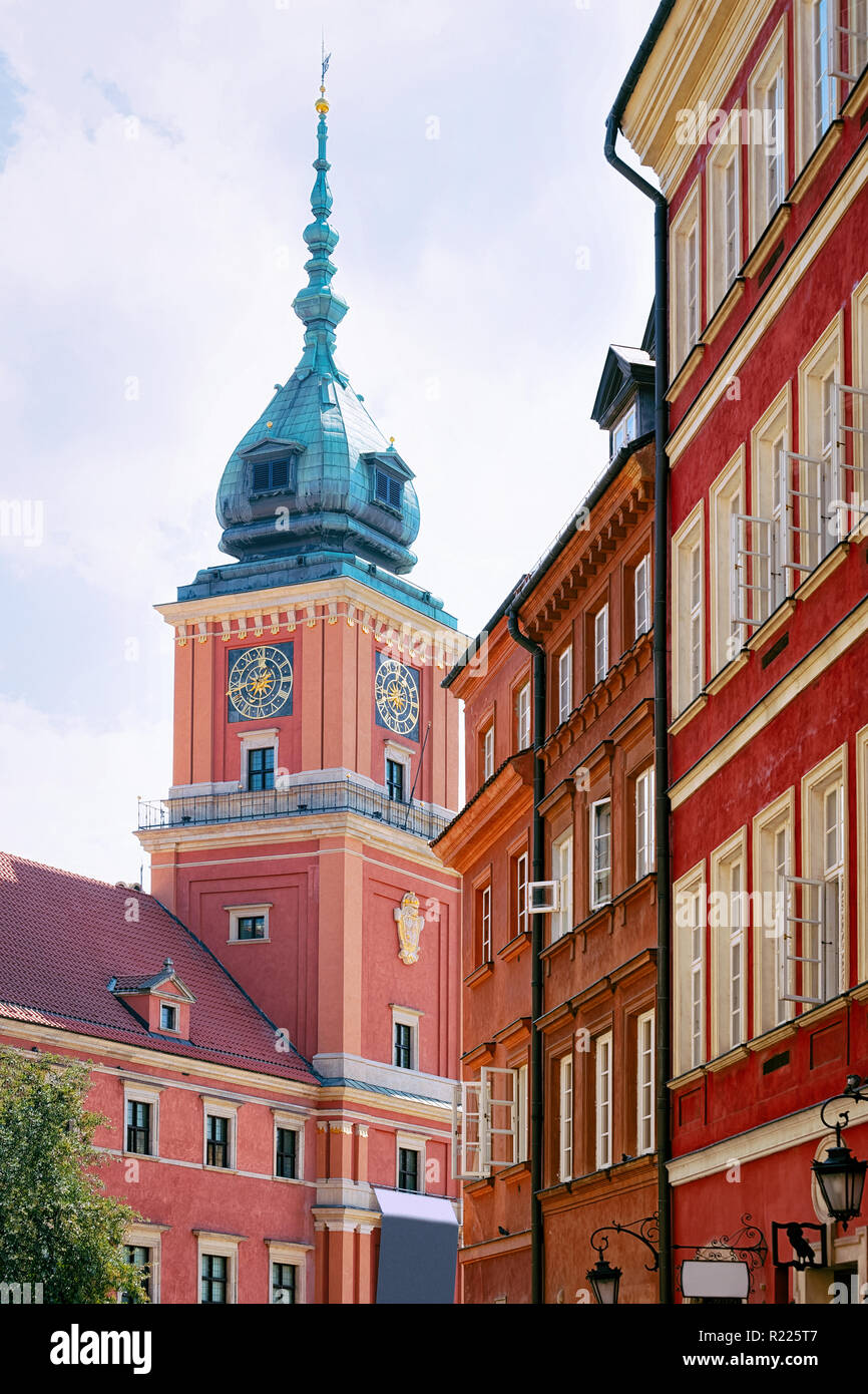 Steeple of Royal Castle on Castle Square in the Old town of Warsaw in ...