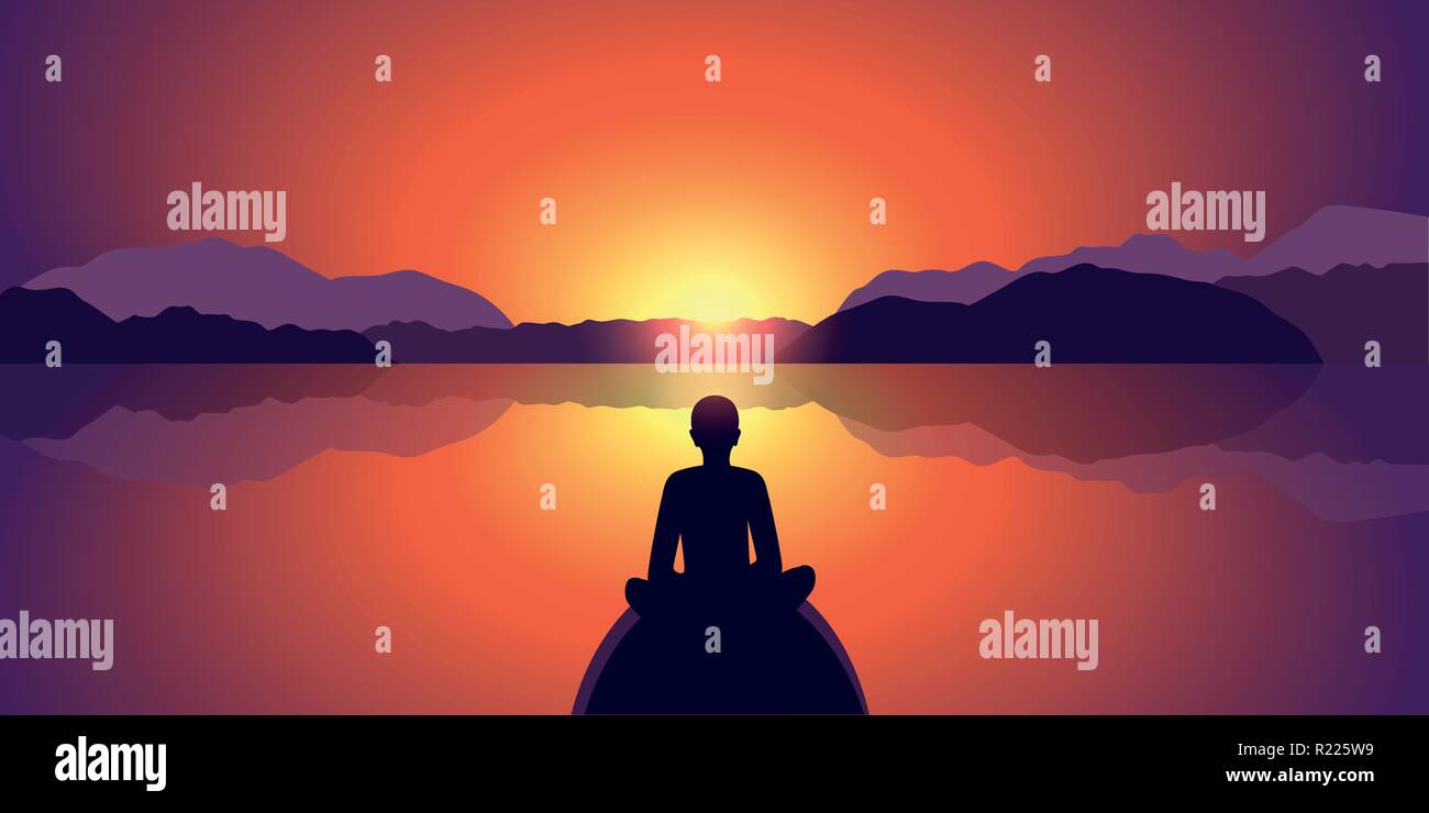 person enjoy beautiful sunset at lake and mountain landscape silhouette ...