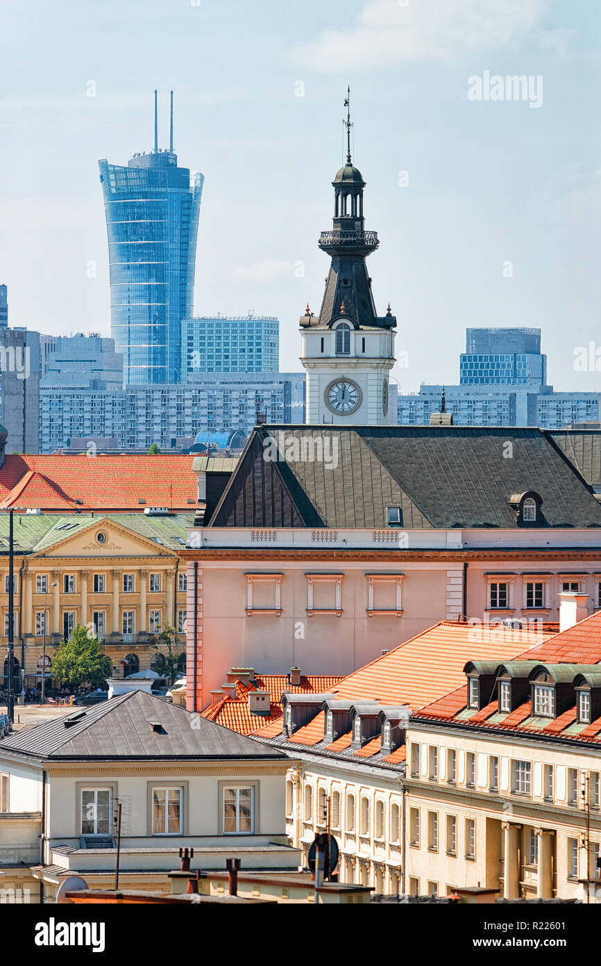 Clock tower of Jablonowski Palace in Warsaw in Poland. Modern ...
