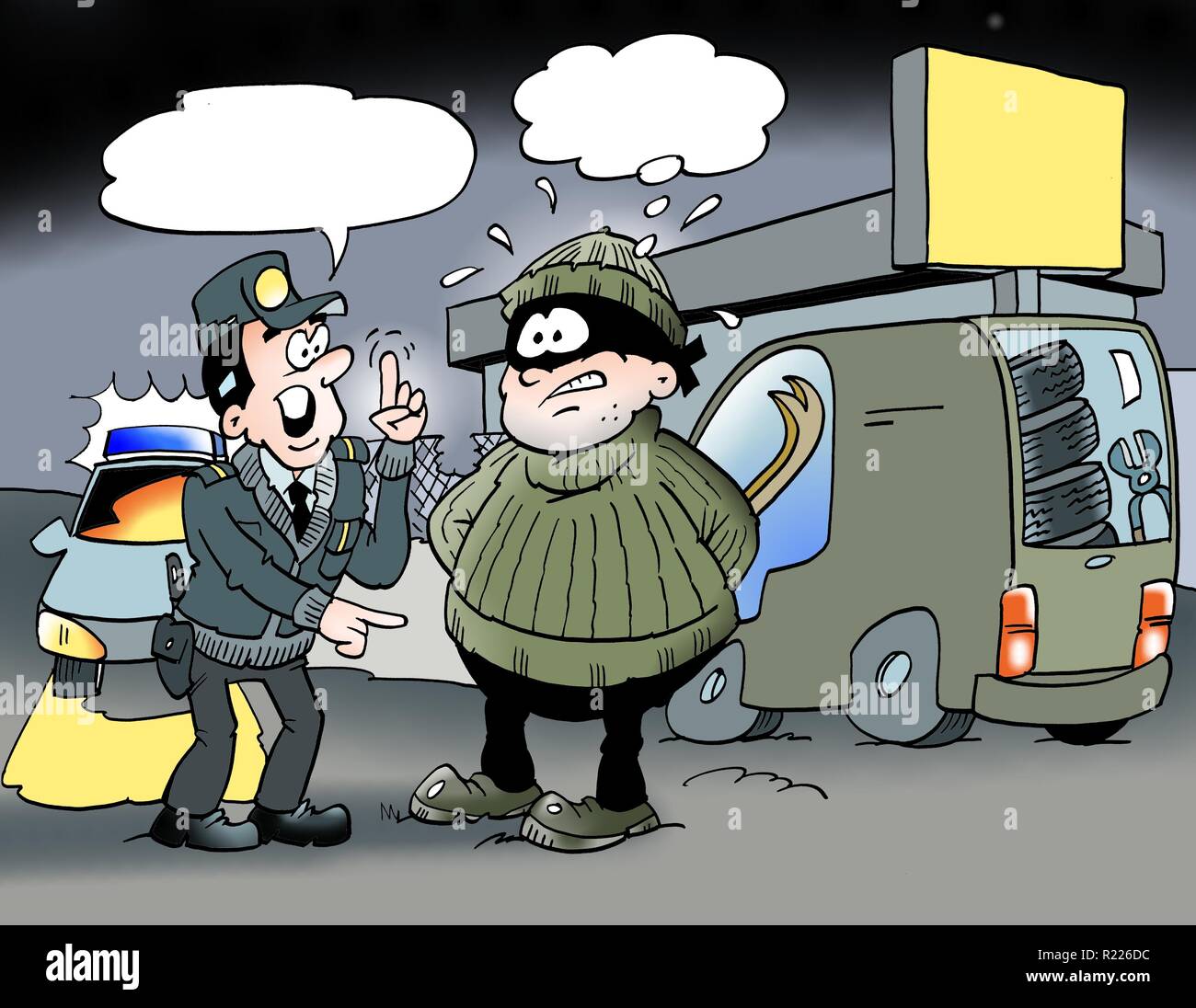 Cartoon illustration of an officer who speaks with a bandit Stock Photo ...