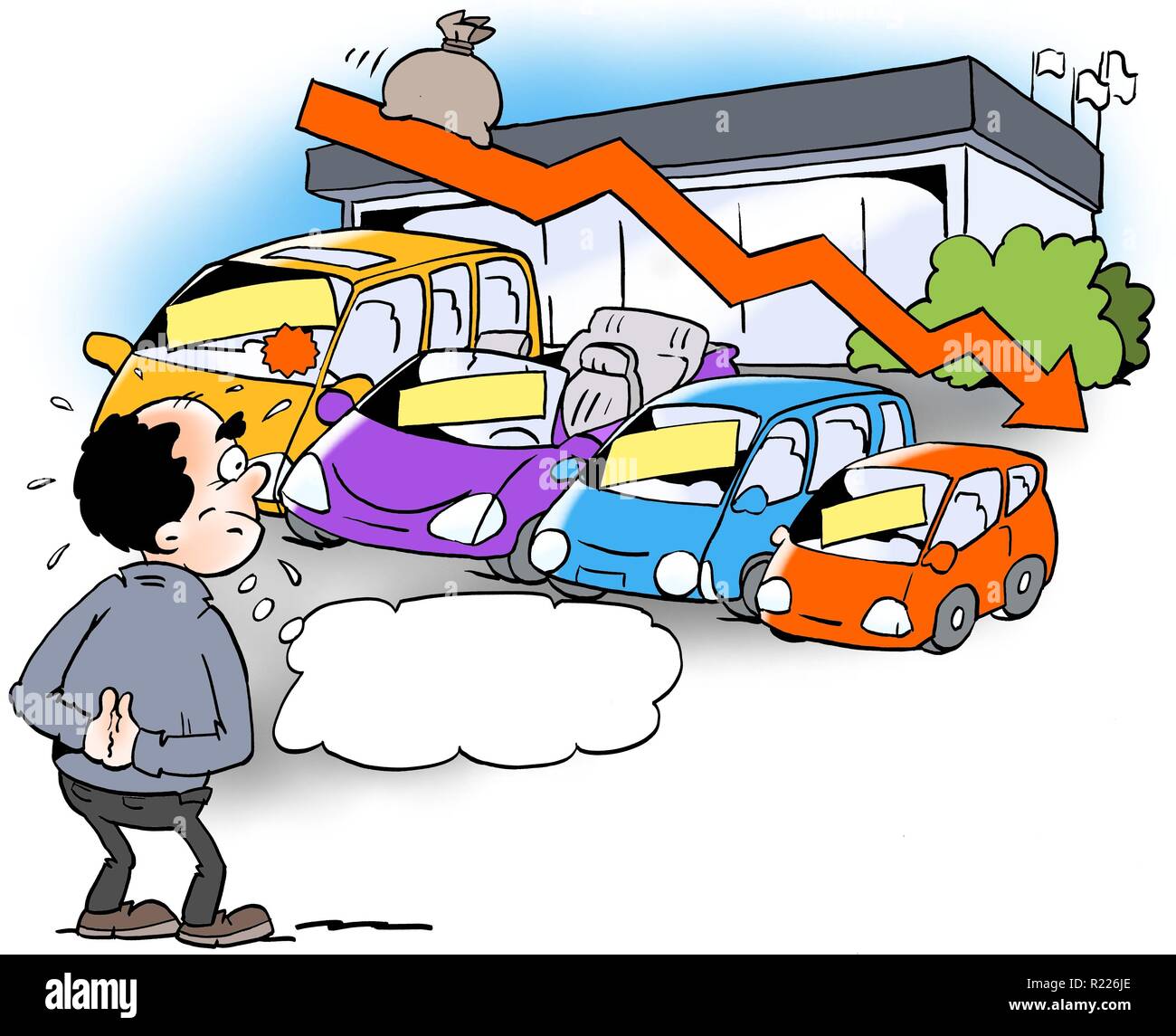 Cartoon illustration of a dealer who looks at a declining sales trend ...
