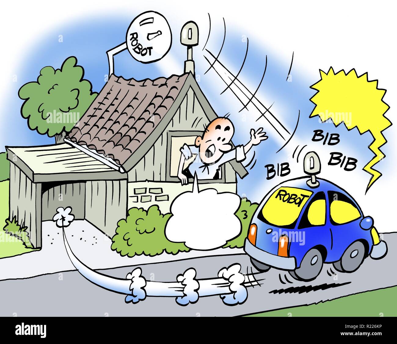 Cartoon illustration of a self-propelled robot vehicle running without ...