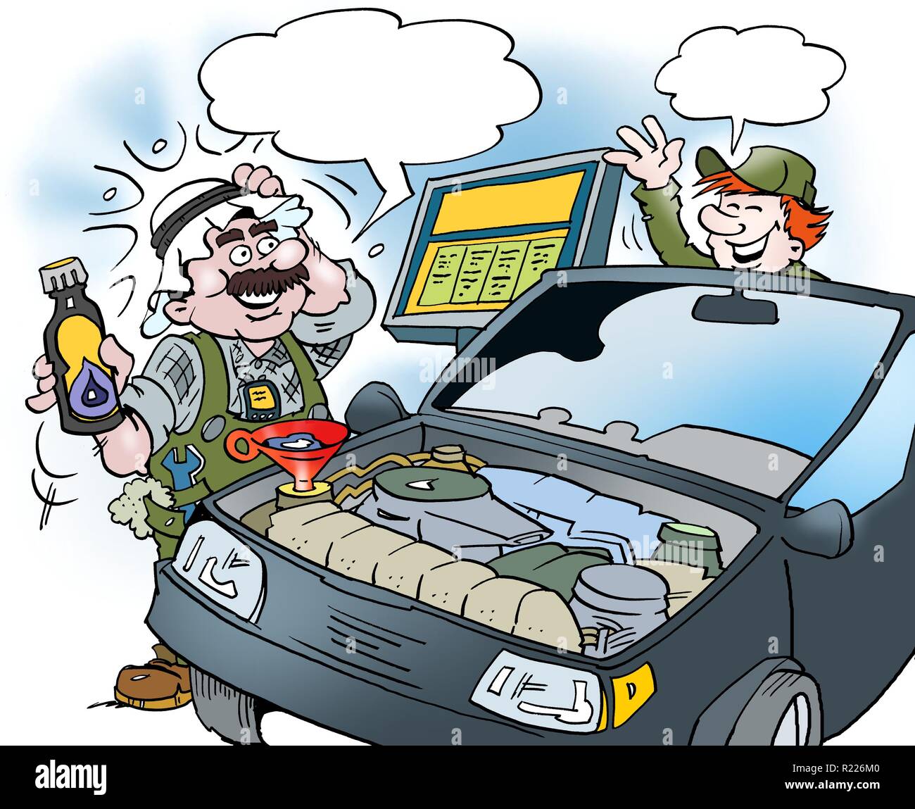 Cartoon illustration of an Arab who tests a new type of oil on the car ...