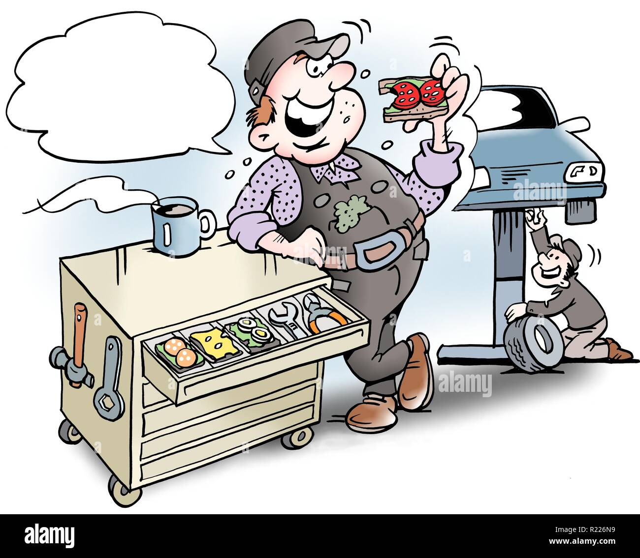 Cartoon illustration of a mechanic having lunch sandwiches in the tool ...