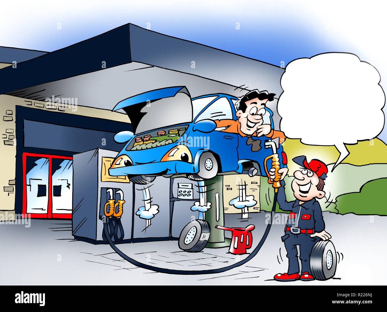Cartoon illustration of a car that gets a wheel shift at a gas station ...