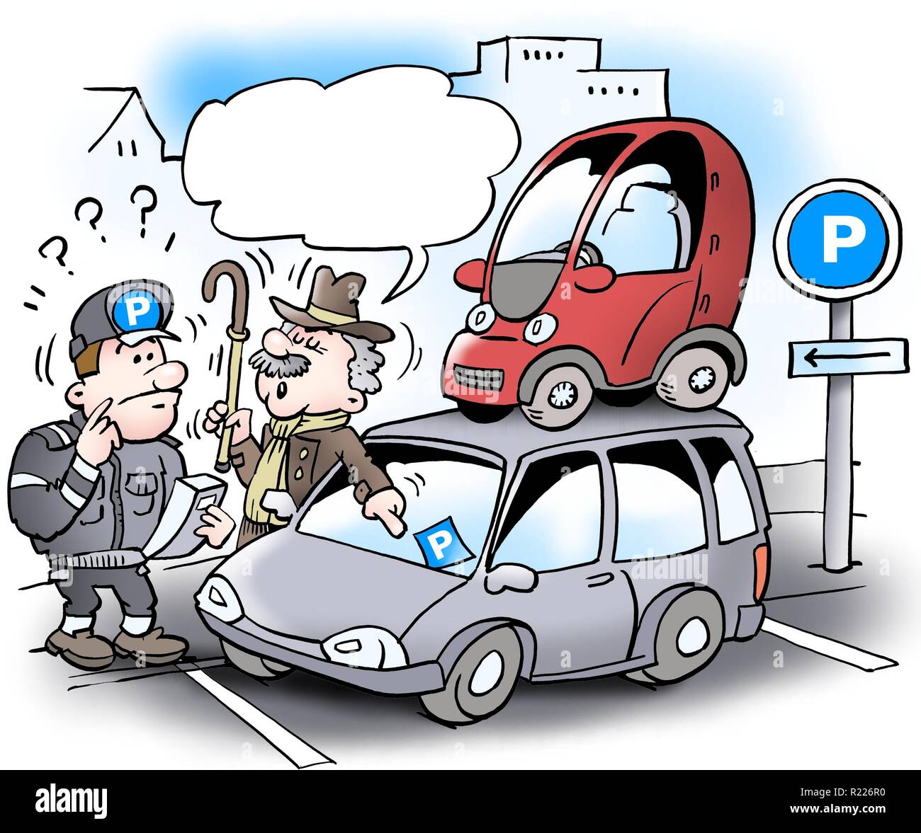Cartoon illustration of a older stingy man who has parked her small car ...