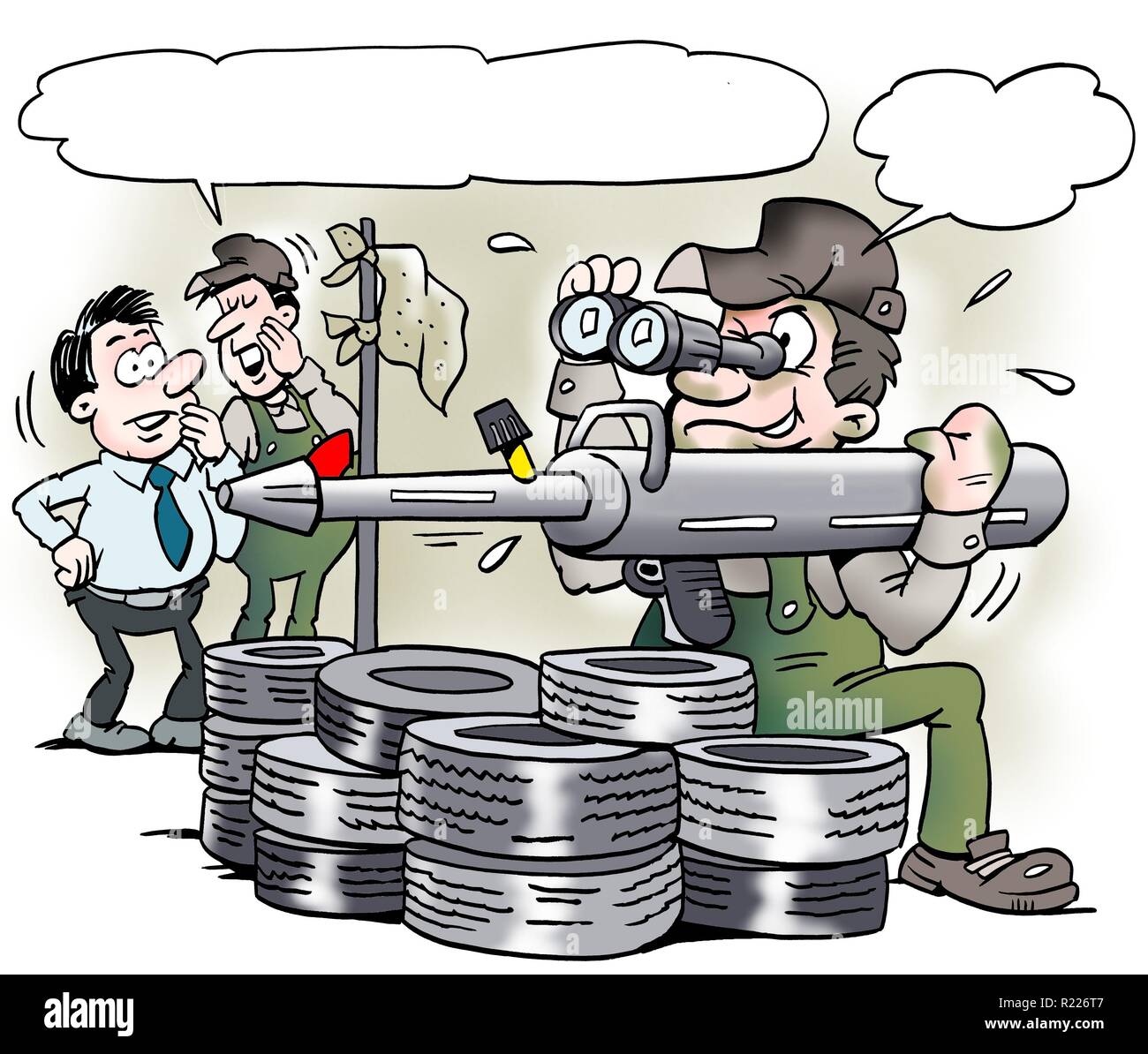 Cartoon illustration of a mechanic with a special grease gun tool that ...