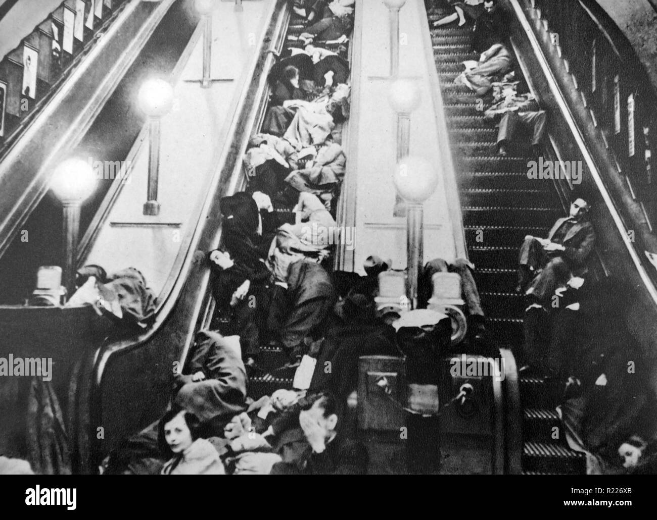 London underground escalators packed with people sheltering from an air ...