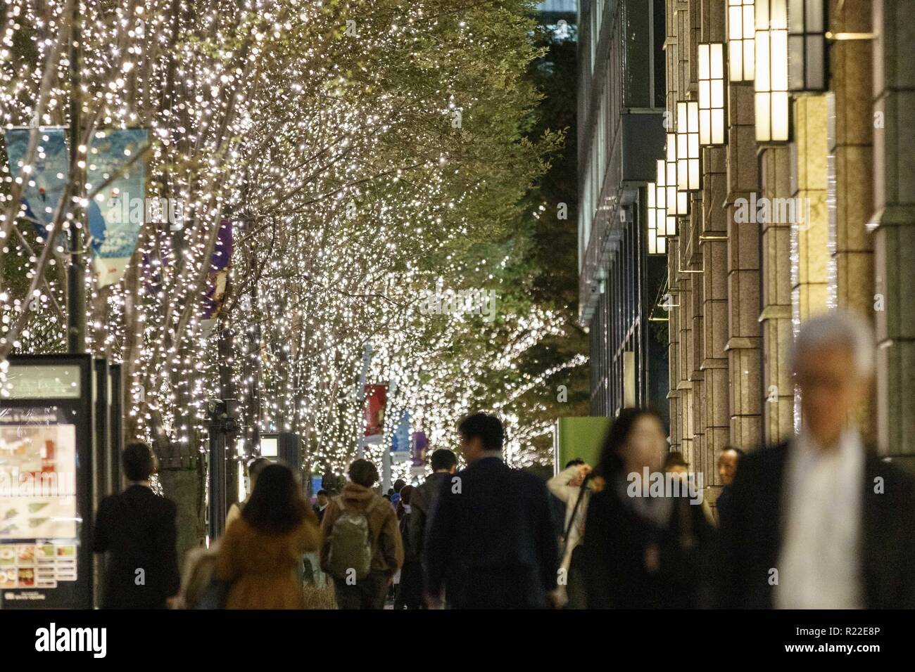 November 15, 2018 - Tokyo, Japan - People walk under the LED lights ...