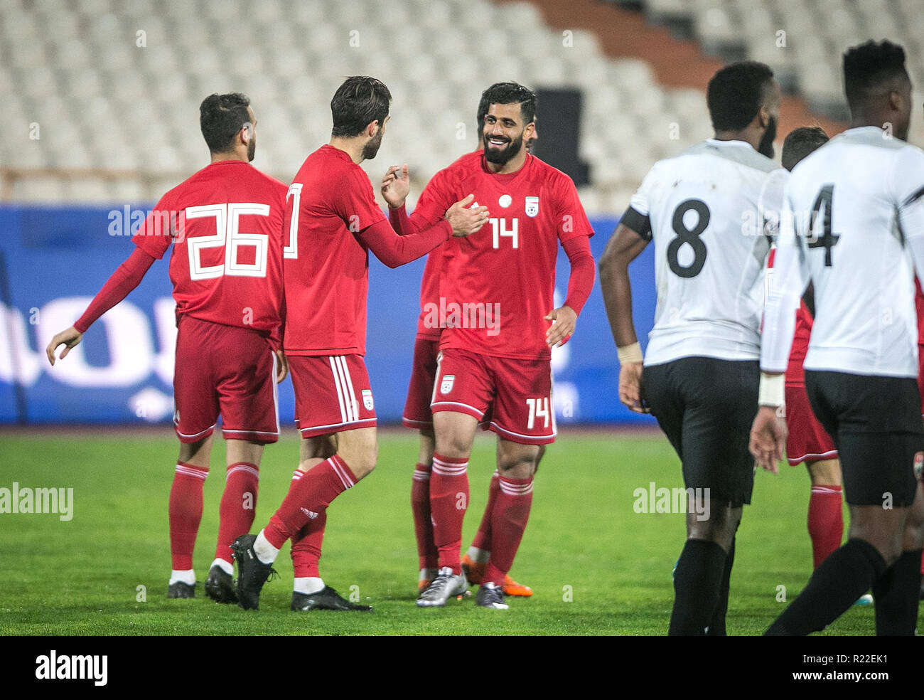 Tehran, Iran. 15th Nov, 2018. Players of Iran celebrate scoring during ...