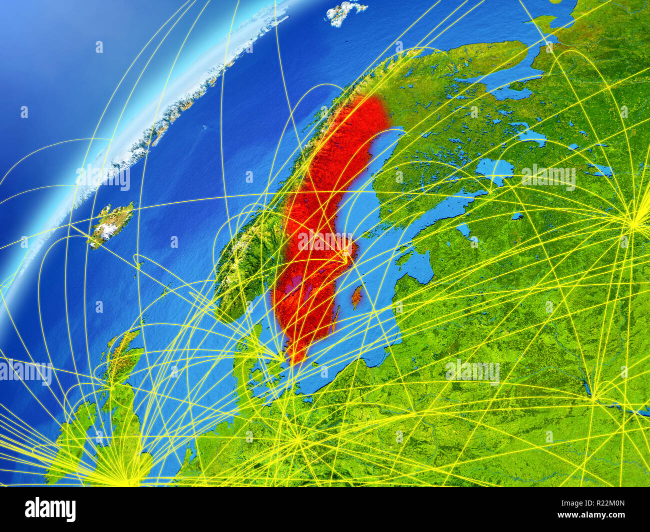 Sweden on model of planet Earth with international networks. Concept of ...