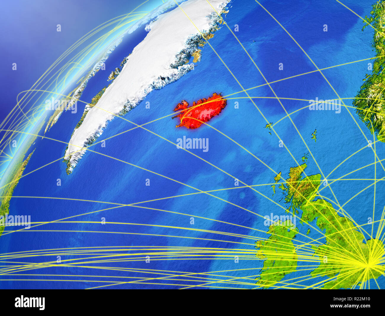 Iceland on model of planet Earth with international networks. Concept ...