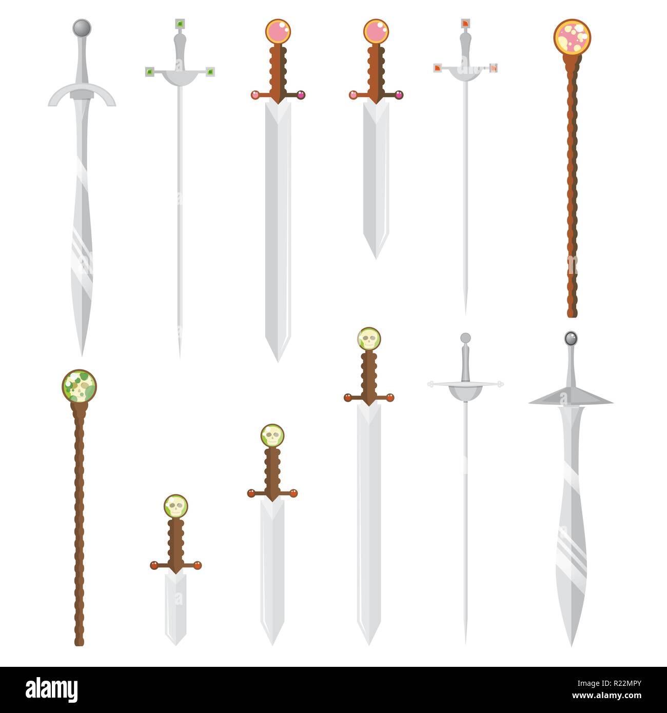 Set of vector cartoon style swords and magic wands with white ...