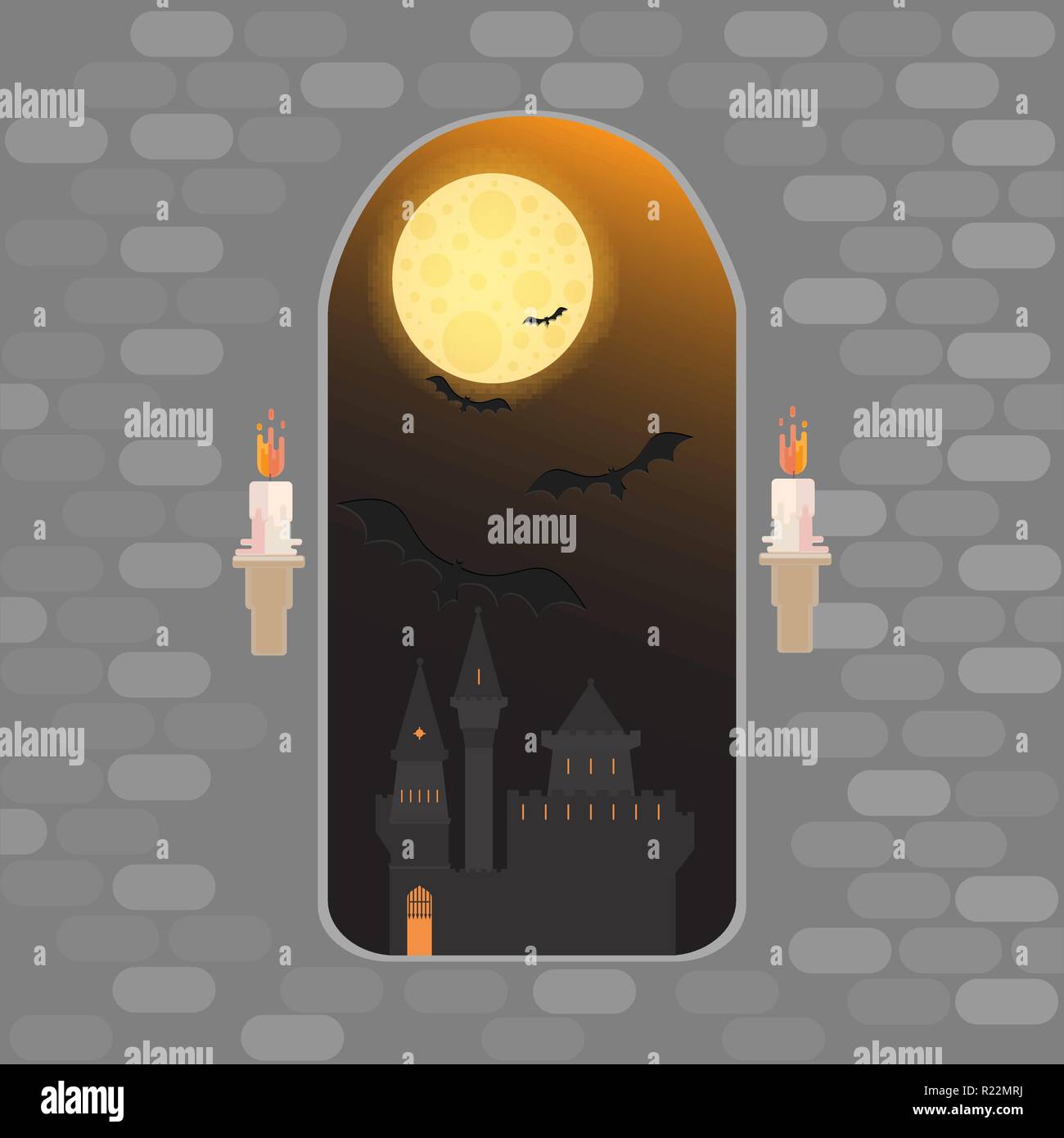Medieval window in castle. Happy helloween card, vector illustration ...