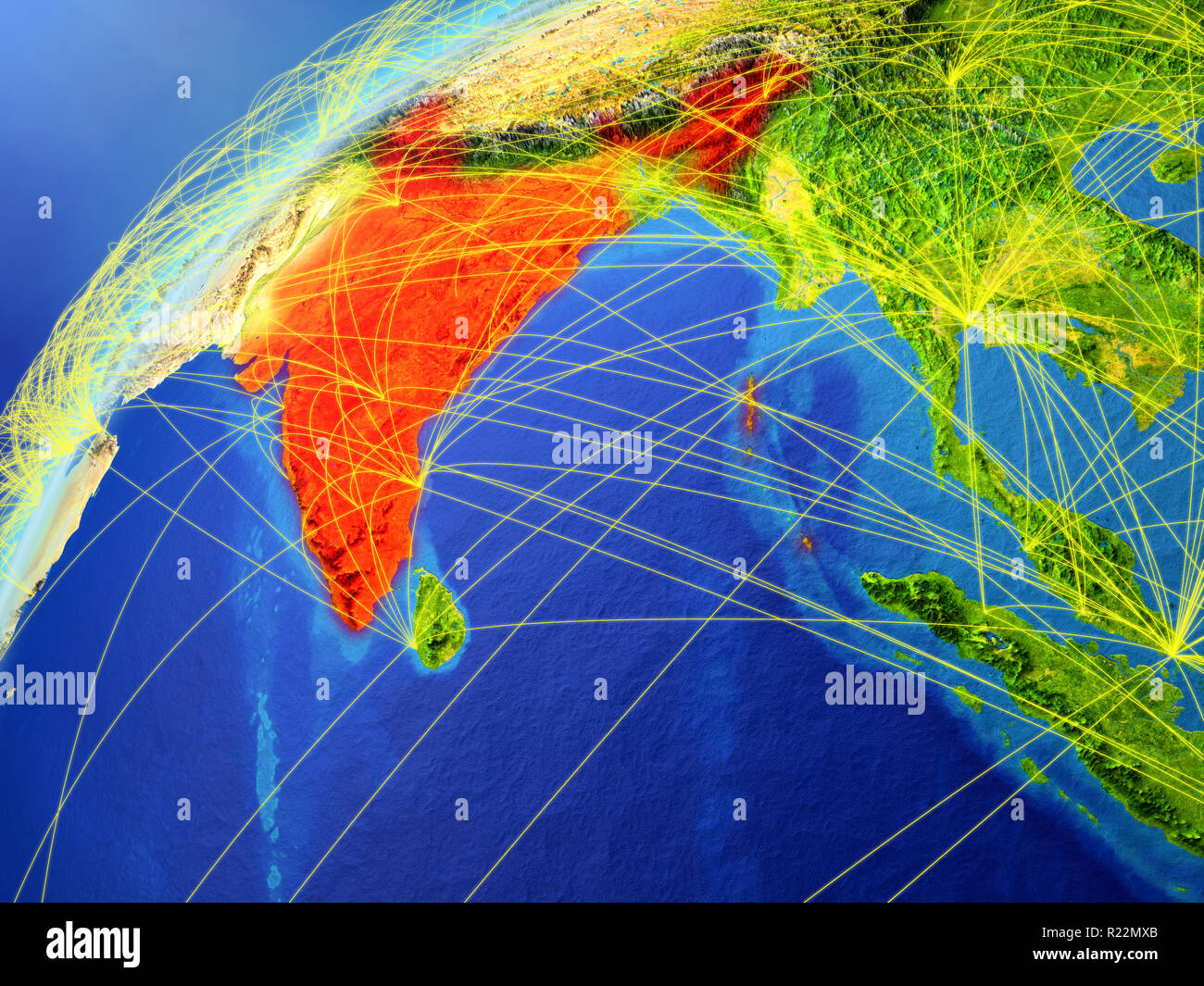 India on model of planet Earth with international networks. Concept of ...