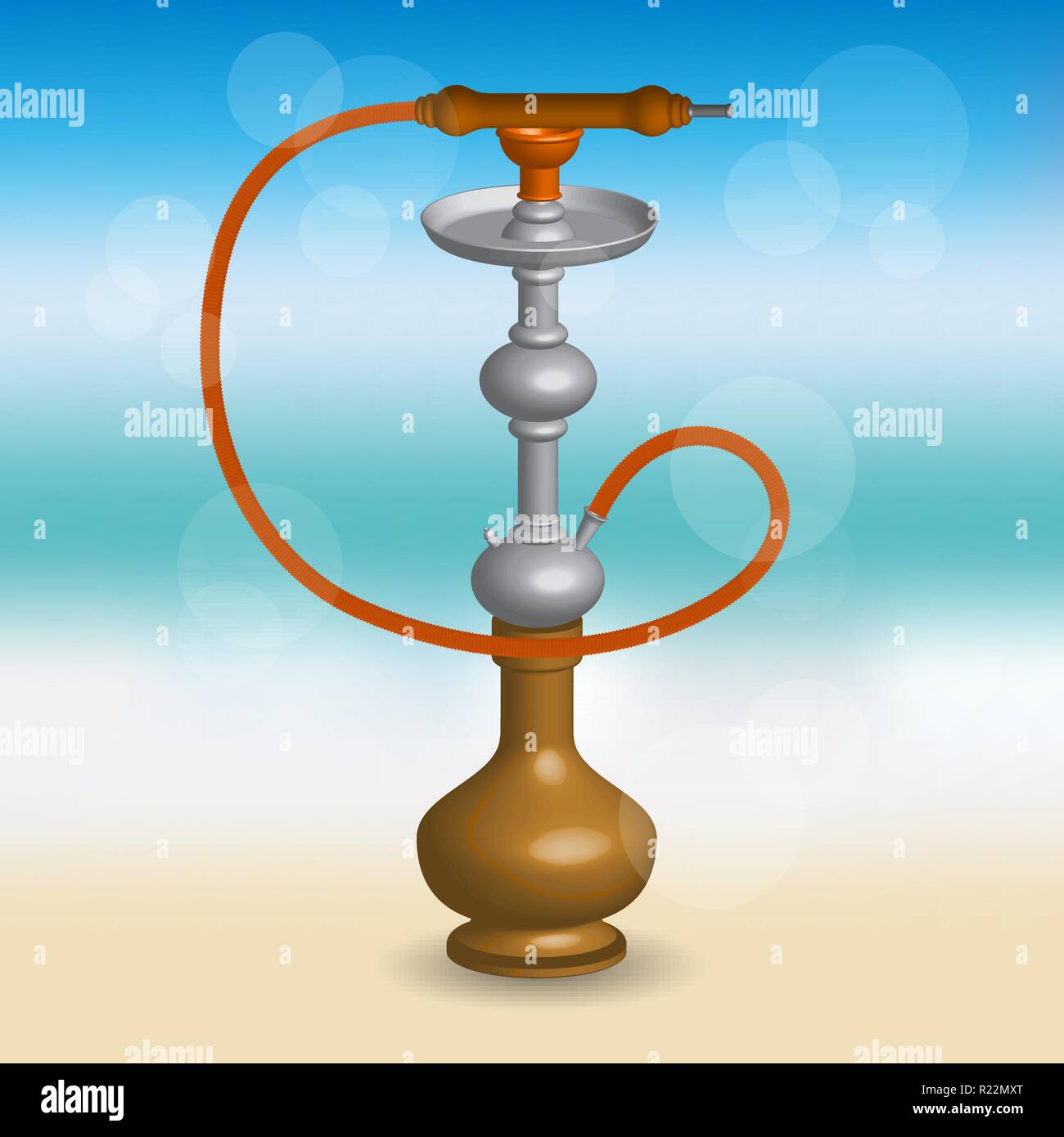 Realistic 3D copper hookah vector ilustration on blurred beach ...