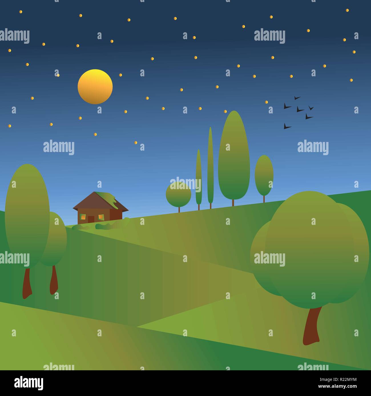 Seasons- summer night vector illustration , cute cartoon landscape ...