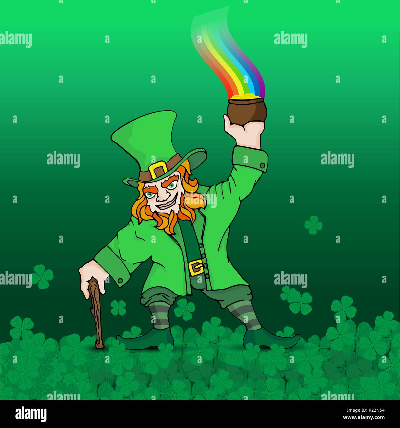 Saint Patrick’s day poster, with Leprechaun with treasure , rainbow ...