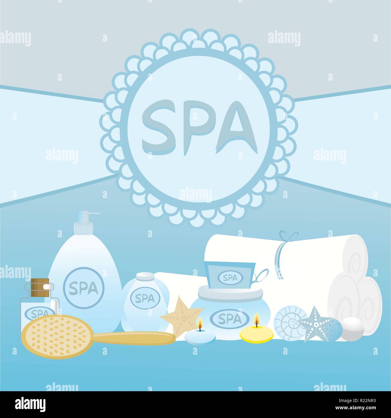 Spa supplies blue background. Cute cartoon template , vector ...