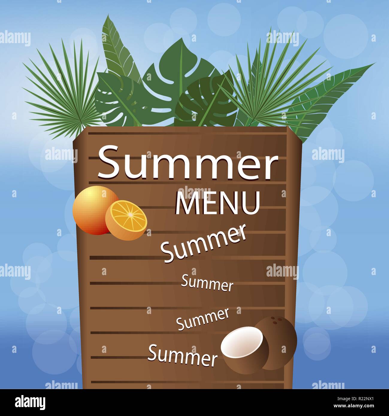 Summer beach menu vector illustration, wood deck , palms leaf blurred ...