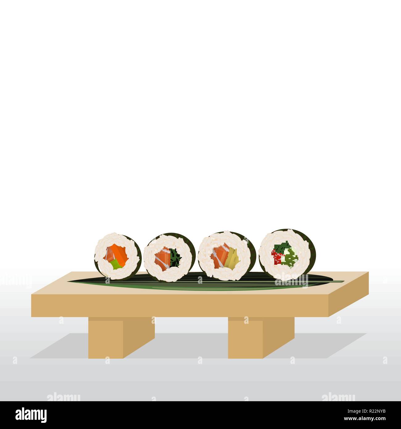 Sushi stand with rolls, salmon,tuna, tamago, avocado and tobiko Stock ...