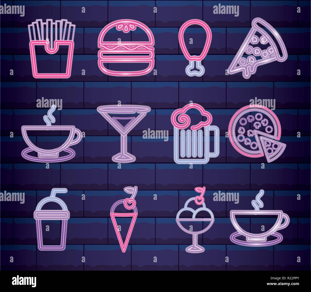 set fast food and beverage neon light label vector illustration design ...