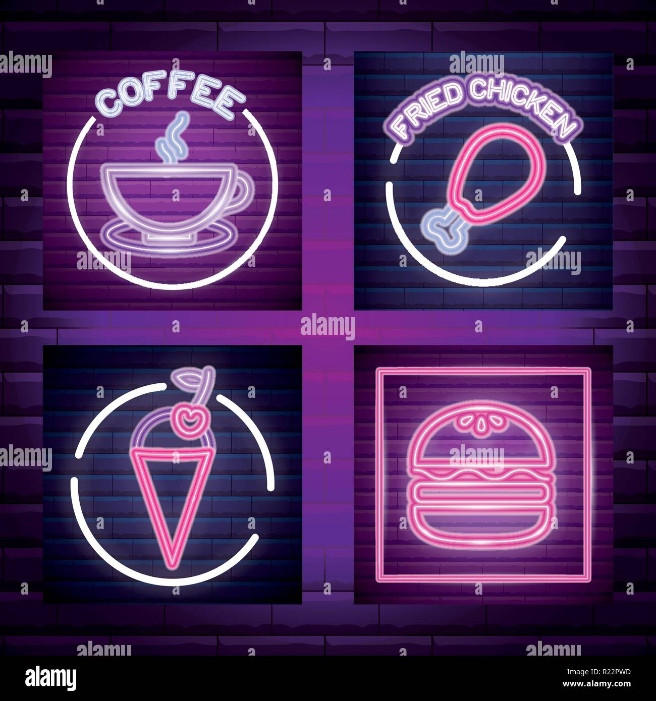 set fast food and beverage neon light label vector illustration design ...