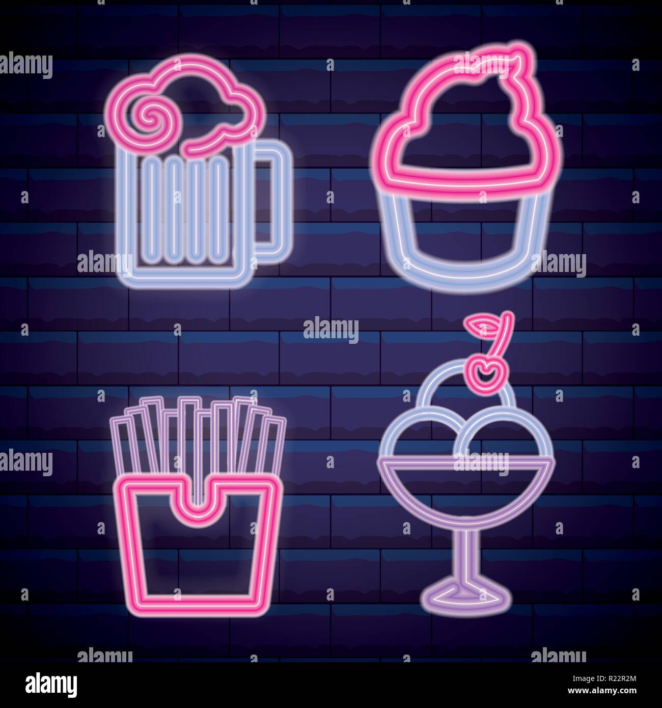 set fast food with drink neon light label vector illustration design ...