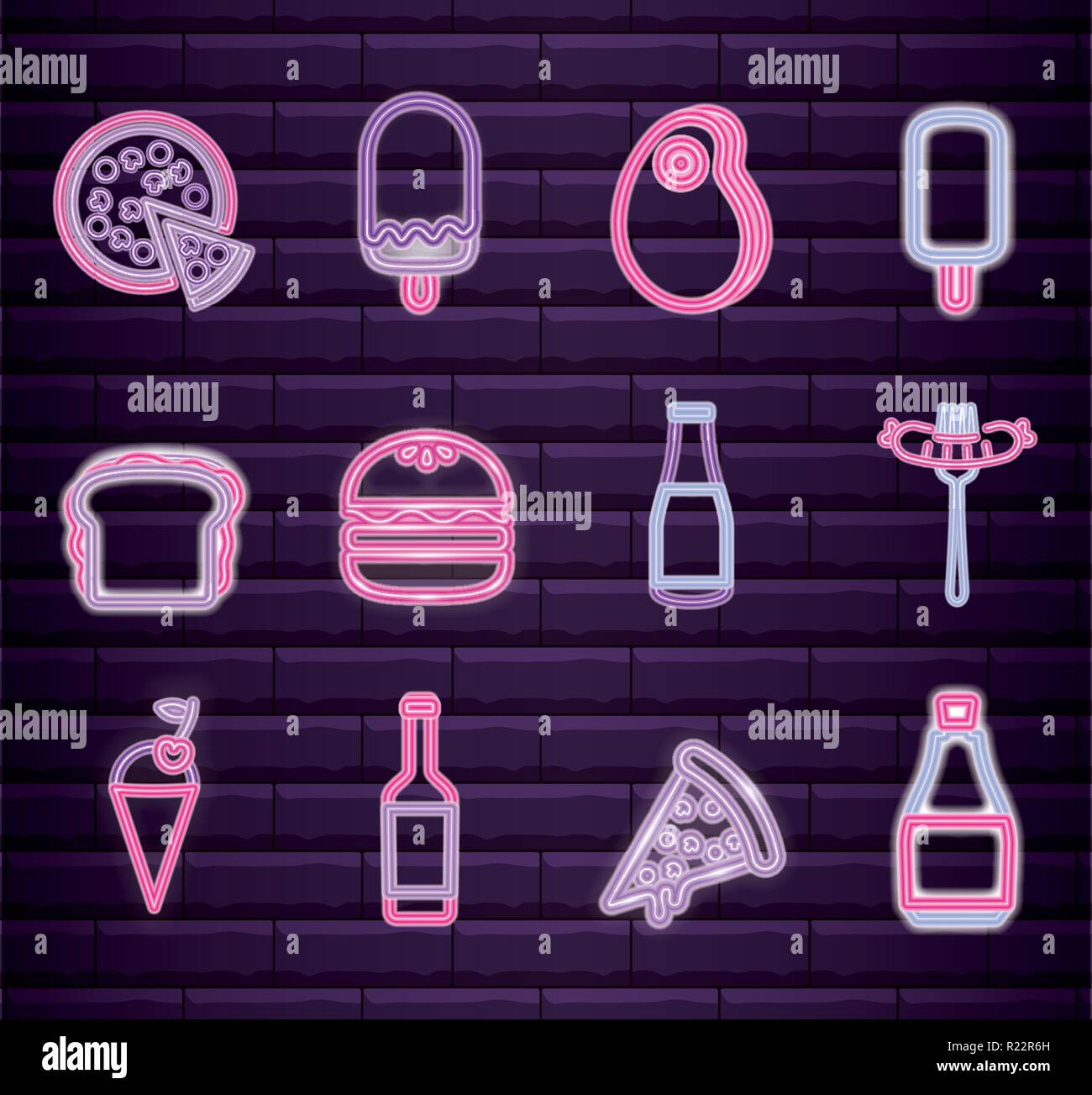 set fast food with drink neon light label vector illustration design ...