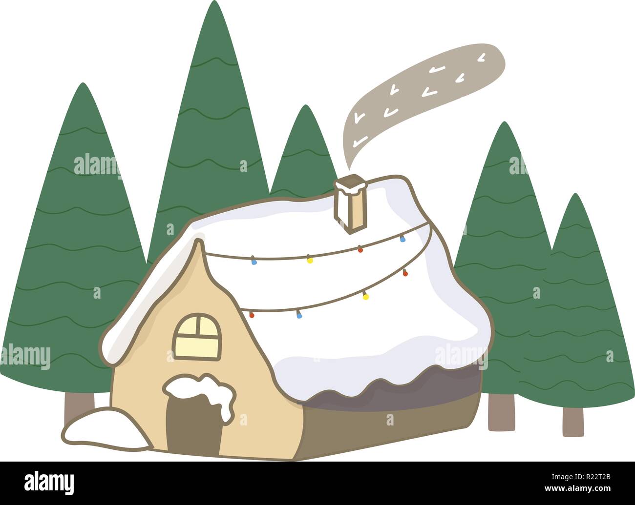 Small wood house in forest spruce. Winter. Christmas and New Year Flat ...