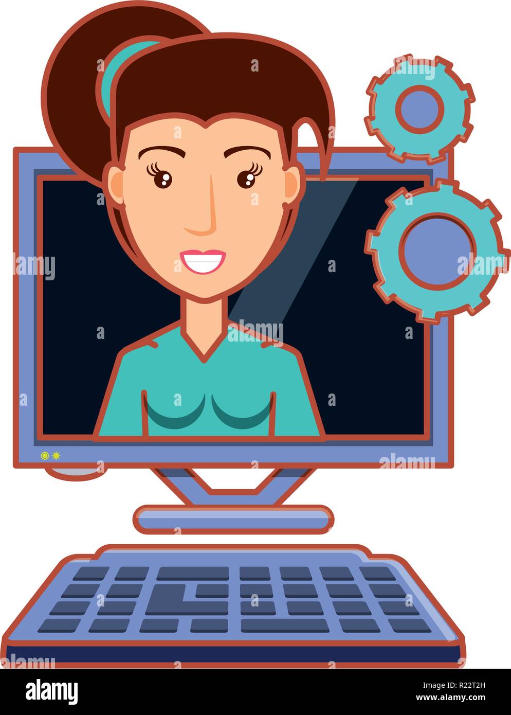 woman with computer desktop and gears vector illustration design Stock ...